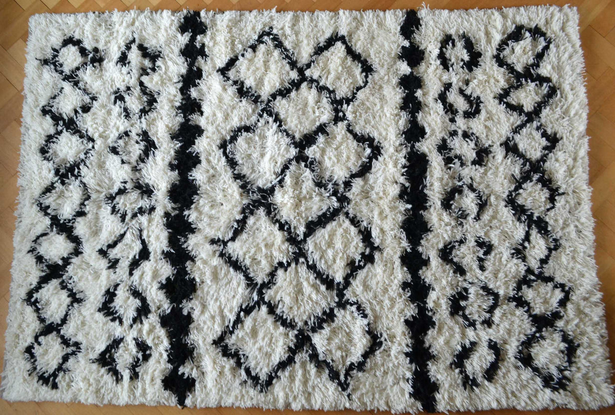 Shaggy Wool Rug 140cm x 200cm High Pile Black Cream Hand Woven Tufted ...